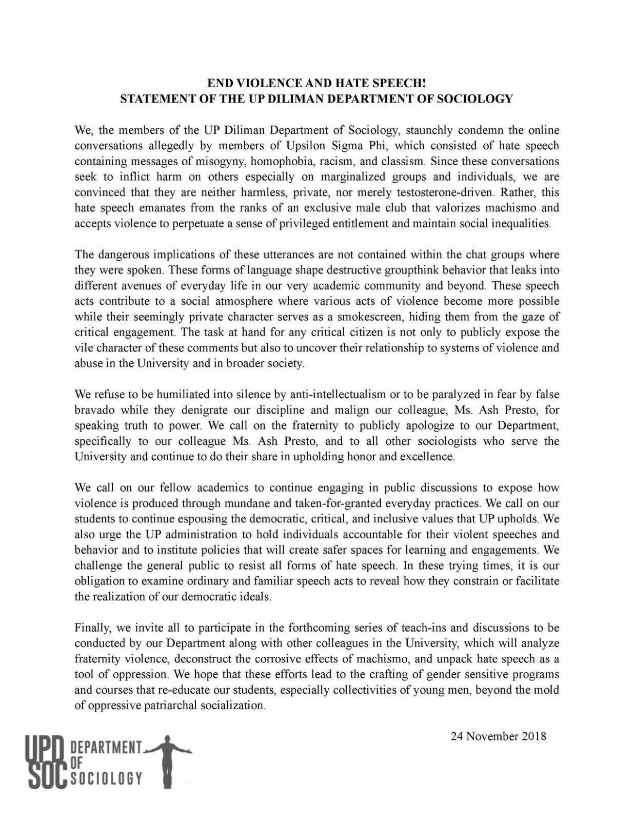 End Violence and Hate Speech! Statement of the UP Diliman Department of ...