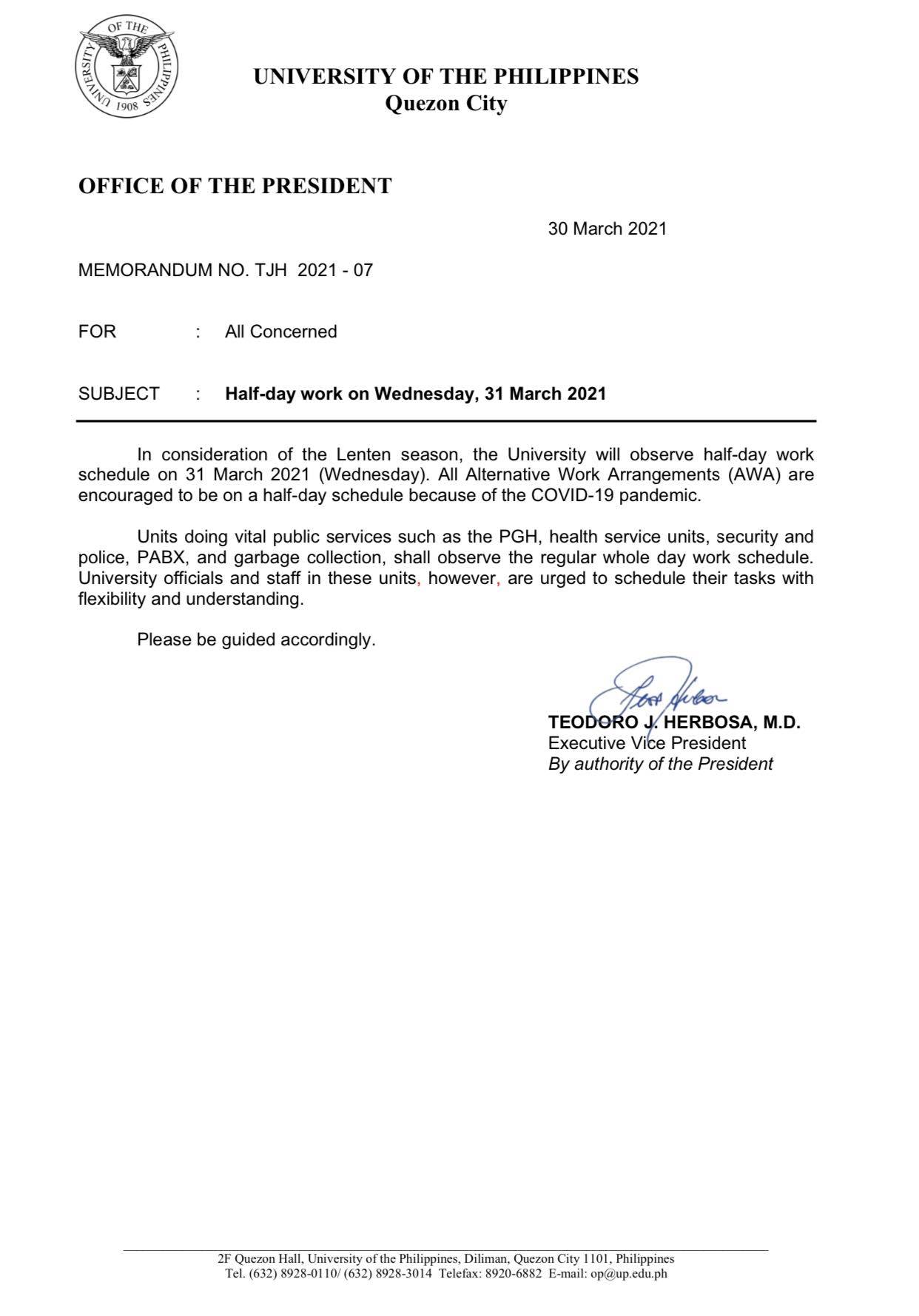 Half-day work on Wednesday, 31 March 2021 - University of the ...