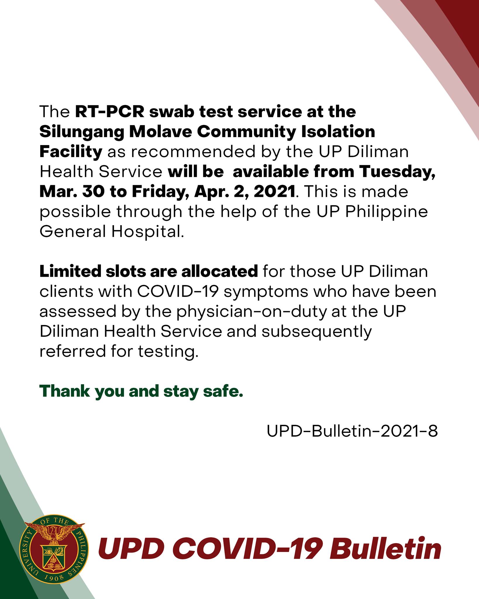 RT-PCR swab test service at the Silungang Molave - University of the ...