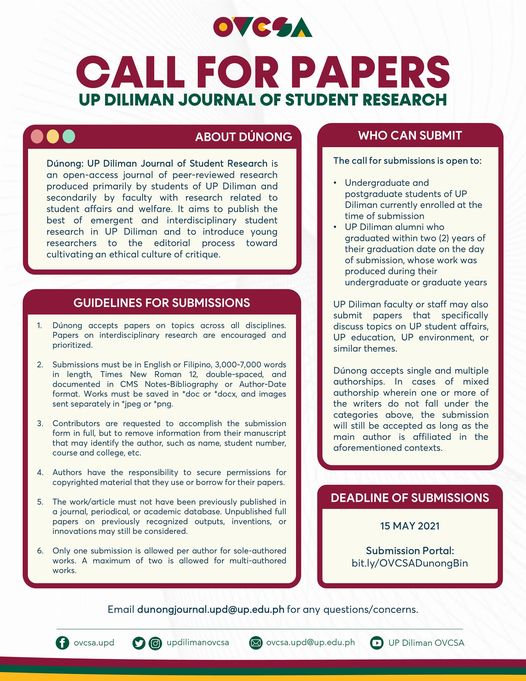 CALL FOR PAPERS: Dúnong: UP Diliman Journal of Student Research ...