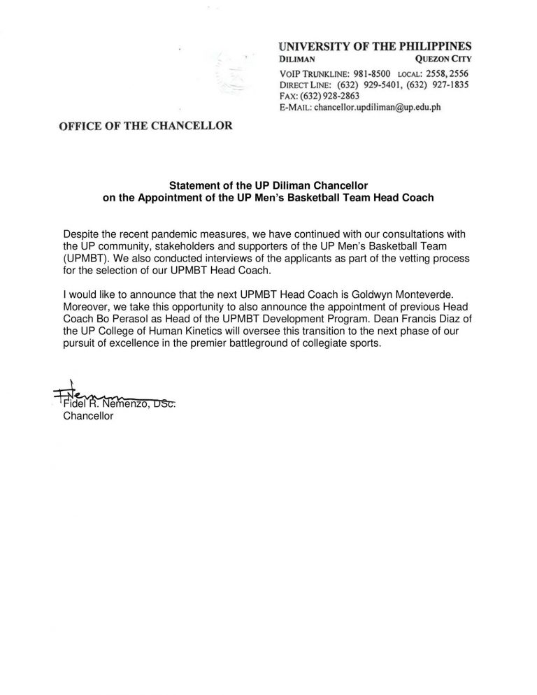 Statement of UP Diliman Chancellor Fidel R. Nemenzo on the Appointment ... Statement of UP Diliman Chancellor Fidel R. Nemenzo on the Appointment ...