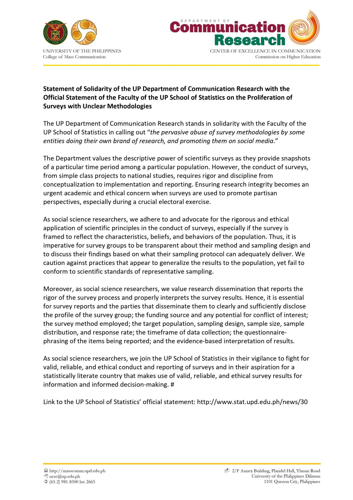 Statement of Solidarity of the UP Diliman Department of Communication ...