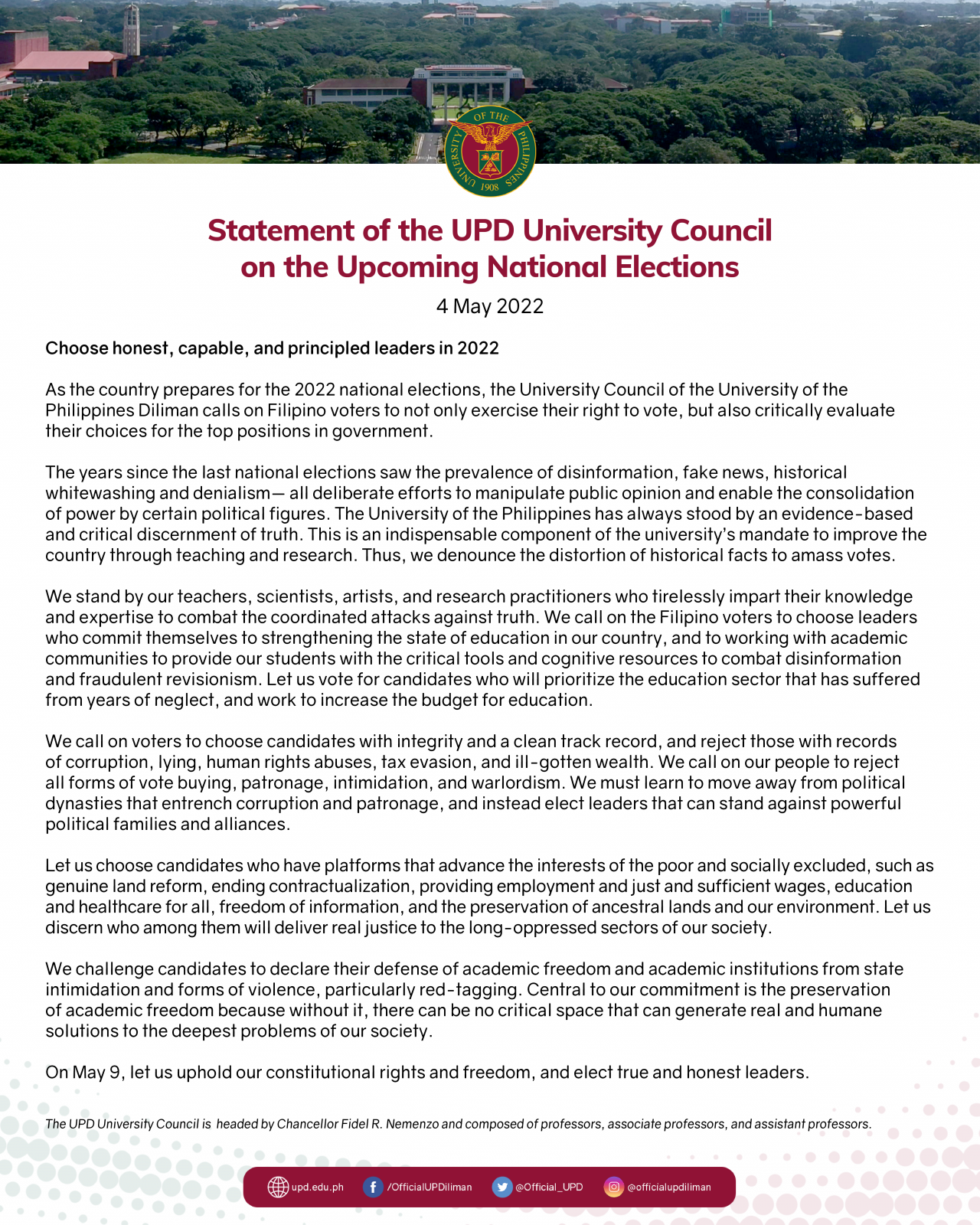 Statement of the UP Diliman University Council on the Upcoming National ...