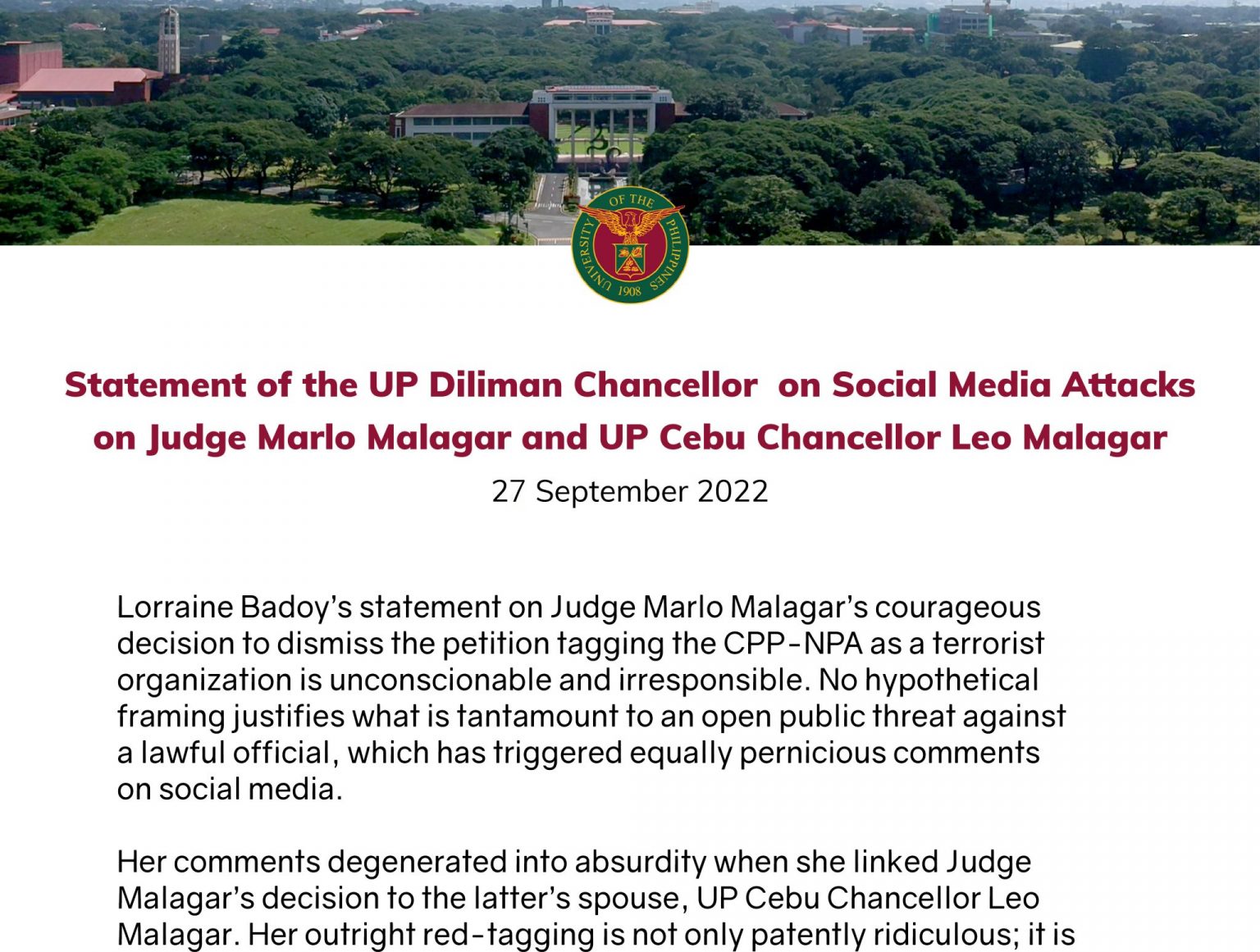 Statement of the UP Diliman Chancellor on Social Media Attacks on Judge ... Statement of the UP Diliman Chancellor on Social Media Attacks on Judge ...