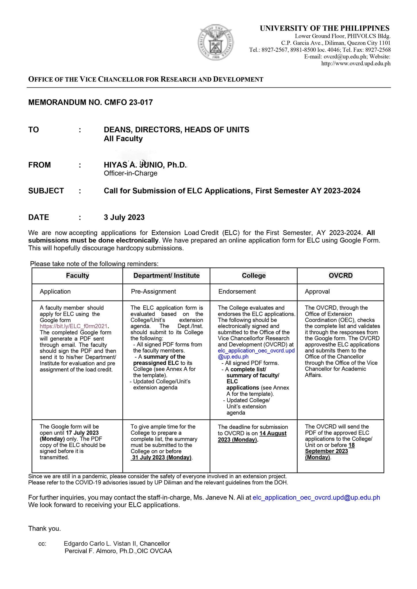Memorandum No. CMFO 23-017: Call for Submission of ELC Applications ...