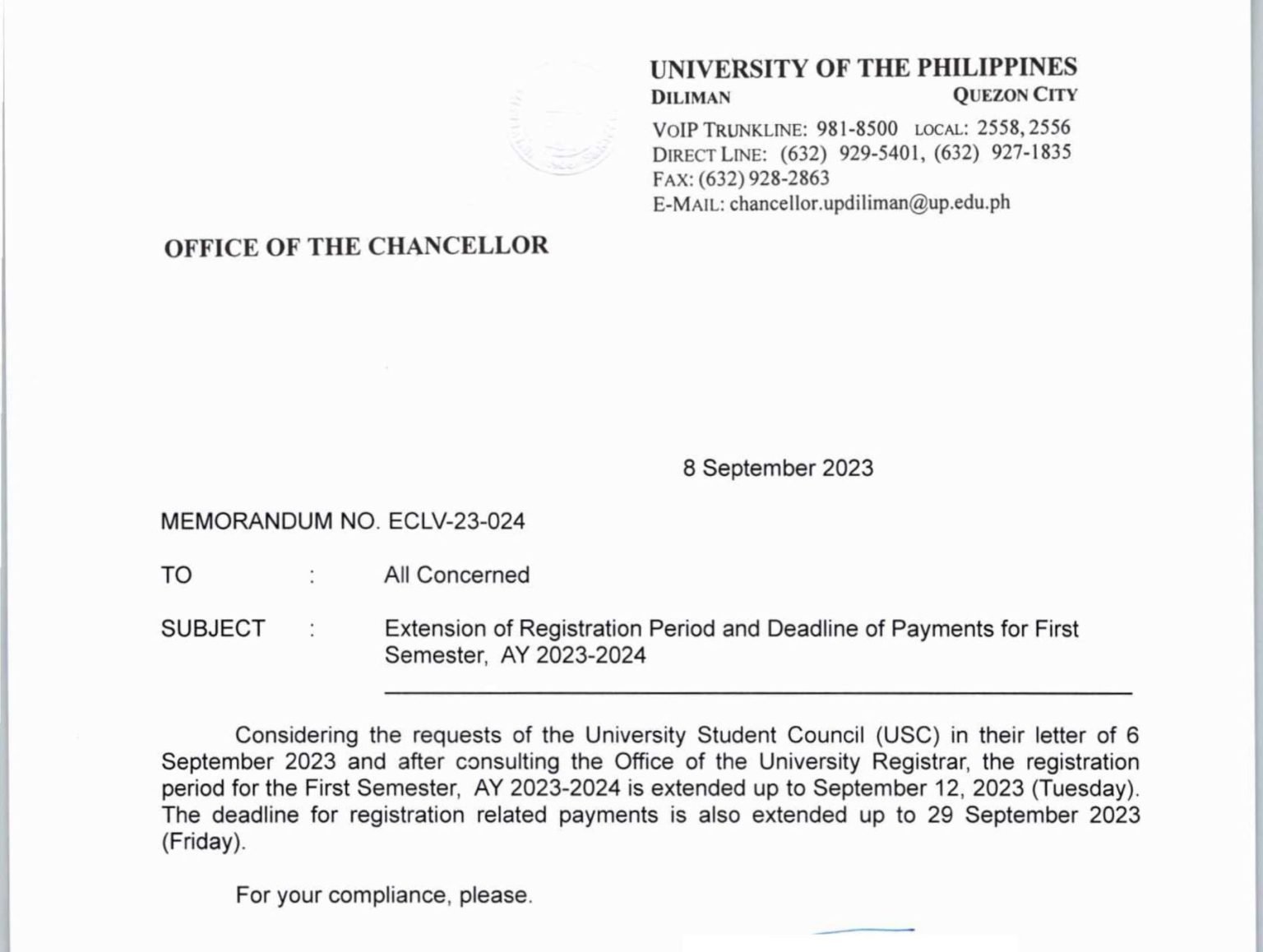 Memorandum No. ECLV-23-022: 2023 Bar Examinations in UP Diliman in September - University of the ...