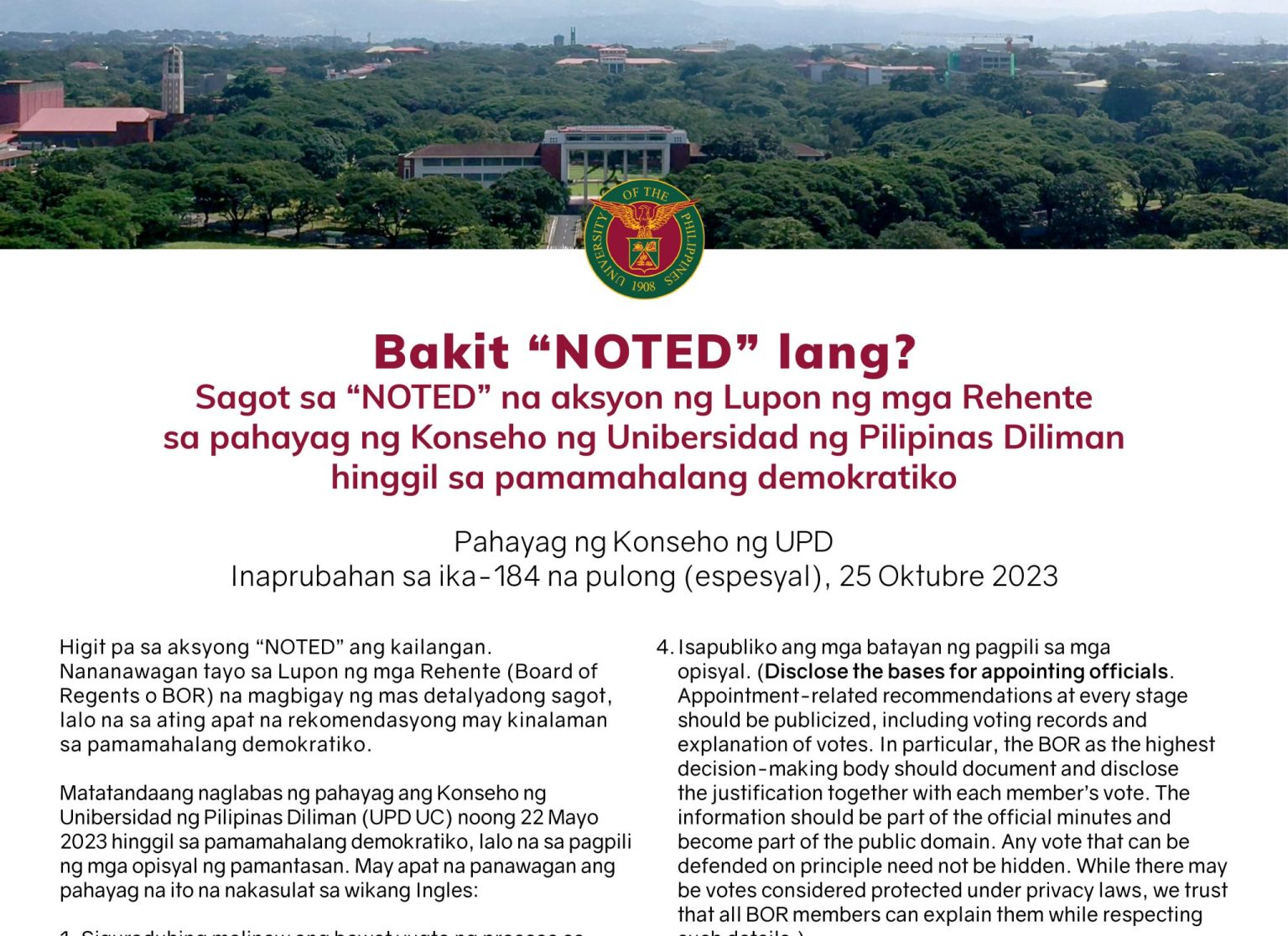Pahayag ng UP Diliman Sentro ng Wikang Filipino ukol sa Filipino bilang ...