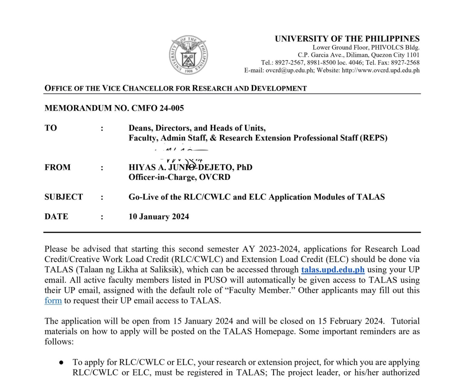 Memorandum No. RLJ-23-01: UP Diliman Vehicle Sticker Application and ...