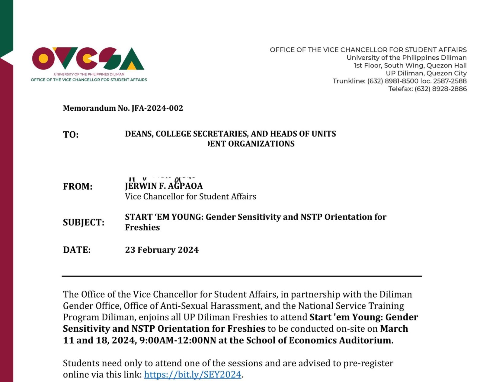 Memorandum No. RLJ-23-01: UP Diliman Vehicle Sticker Application and ...