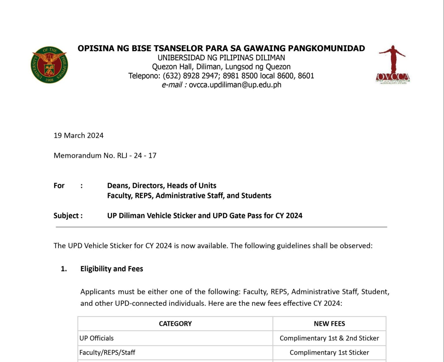 Memorandum No. RLJ-23-01: UP Diliman Vehicle Sticker Application and Request for UPD Gate Pass ...
