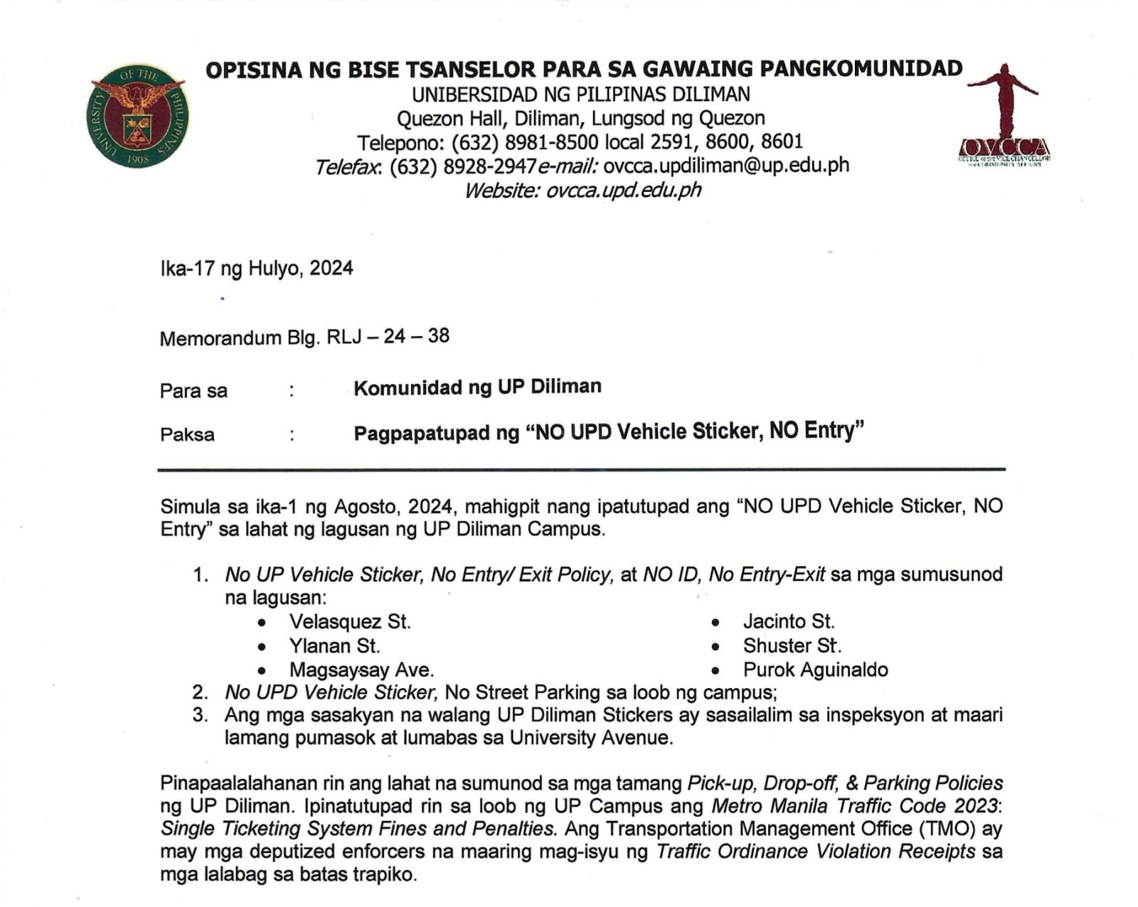 Memorandum No. RLJ-23-01: UP Diliman Vehicle Sticker Application and ...