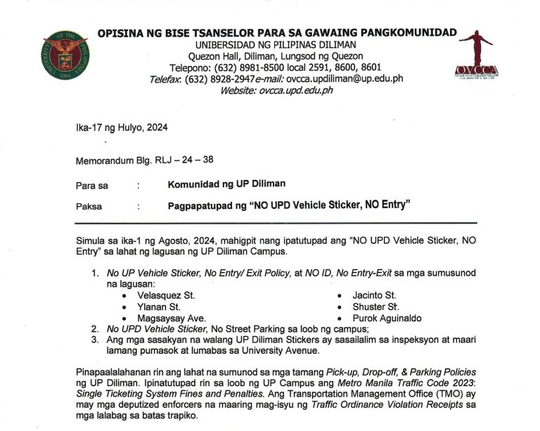 Memorandum No. RLJ-23-01: UP Diliman Vehicle Sticker Application and Request for UPD Gate Pass ...