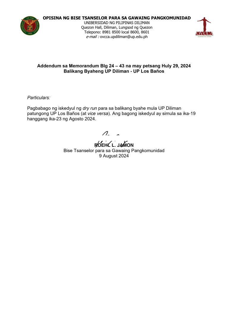 Addendum sa Memorandum Blg. RLJ-24-43: Balikang Biyahe sa pagitan ng UP ... Addendum sa Memorandum Blg. RLJ-24-43: Balikang Biyahe sa pagitan ng UP ...