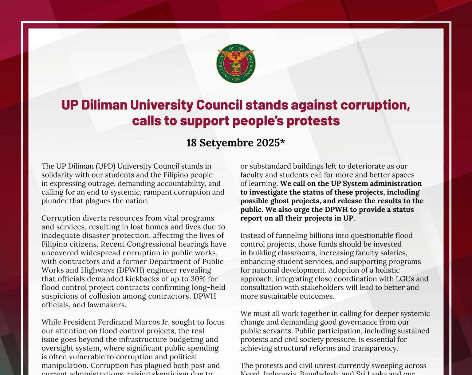 Statement of the UP Diliman Committee on the Protection of Academic ...
